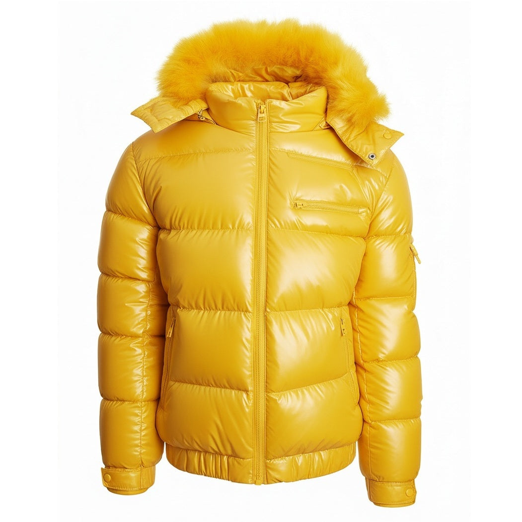 Wholesale Adult Matte Shiny Puffer Jacket with Fur Hood Yellow. Sold in ...